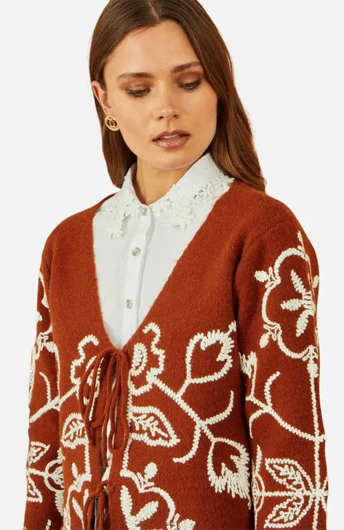 YUMI Folk Embroidered Tie Front Cardigan