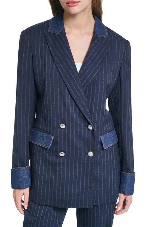 Karl Lagerfeld Paris Denim Trim Striped Blazer