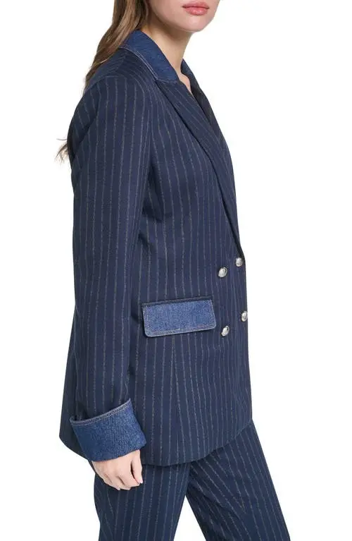 Karl Lagerfeld Paris Denim Trim Striped Blazer