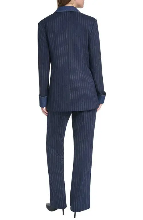 Karl Lagerfeld Paris Denim Trim Striped Double-breasted Blazer