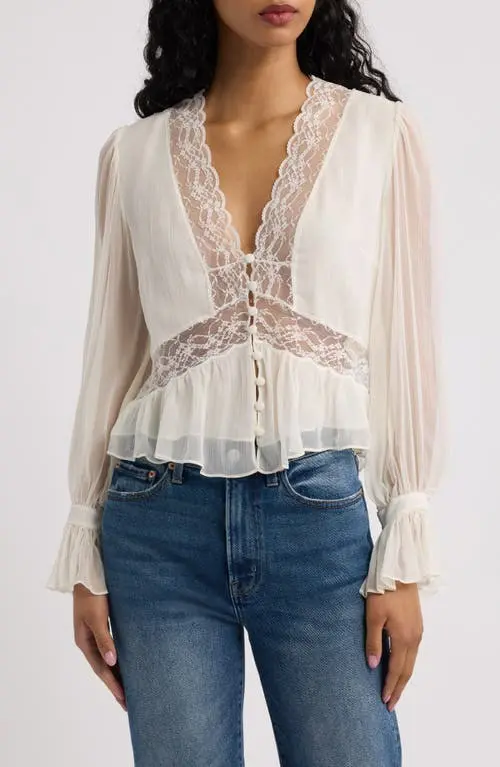 LoveShackFancy Thessira Lace Trim Ruffle Silk Blouse - Pale Stone