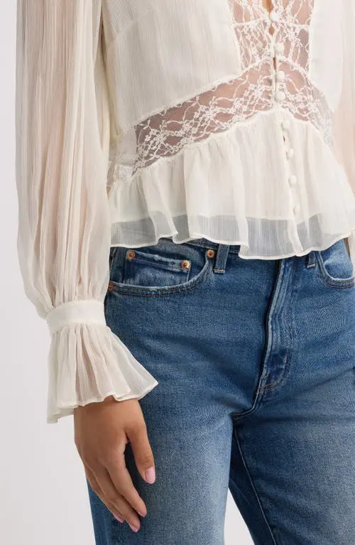 LoveShackFancy Thessira Lace Trim Ruffle Silk Blouse - Pale Stone