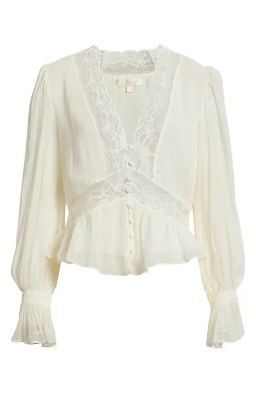 LoveShackFancy Thessira Lace Trim Ruffle Silk Blouse - Pale Stone