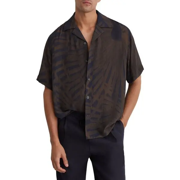 REISS Shindora Relaxed Fit Palm Print Camp Shirt - Navy/brown