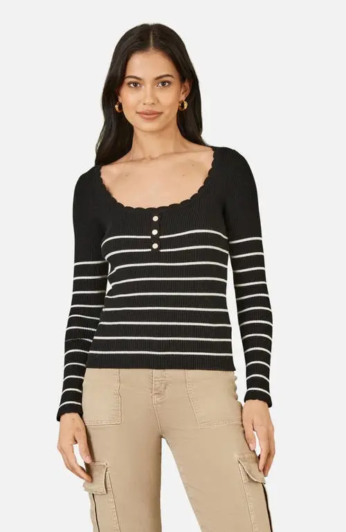 YUMI Button Detail Long Sleeve Rib Knit Top - Black