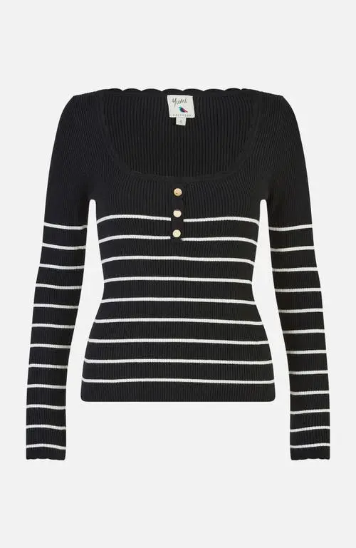 YUMI Button Detail Long Sleeve Rib Knit Top - Black
