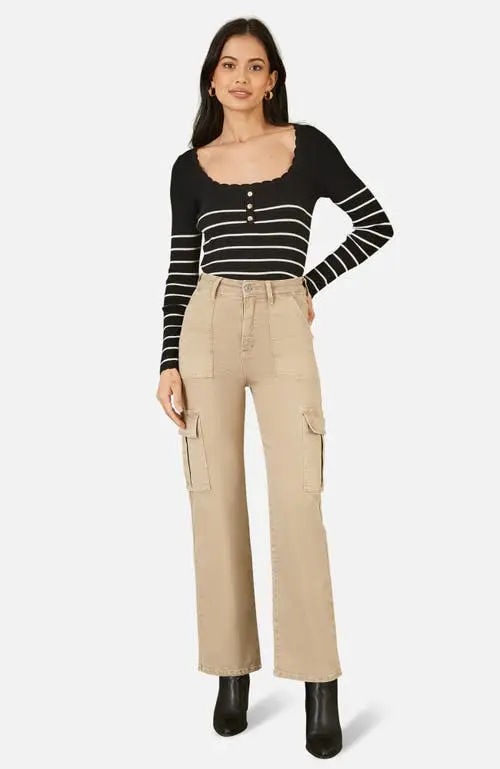 YUMI Button Detail Long Sleeve Rib Knit Top - Black