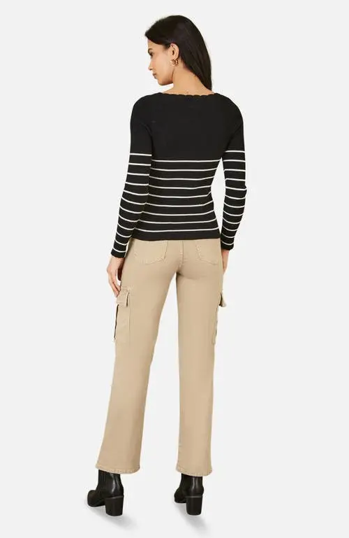 YUMI Button Detail Long Sleeve Rib Knit Top - Black