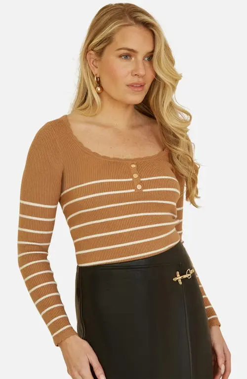 YUMI Button Detail Long Sleeve Rib Knit Top - Brown