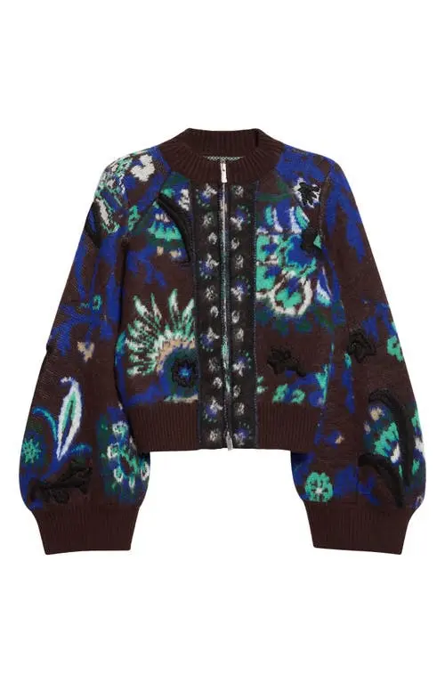 Sacai Floral Jacquard Balloon Sleeve Knit Blouson - Brown