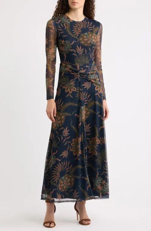 Julia Jordan Long Sleeve Floral Print Mesh Maxi Dress - Navy Multi