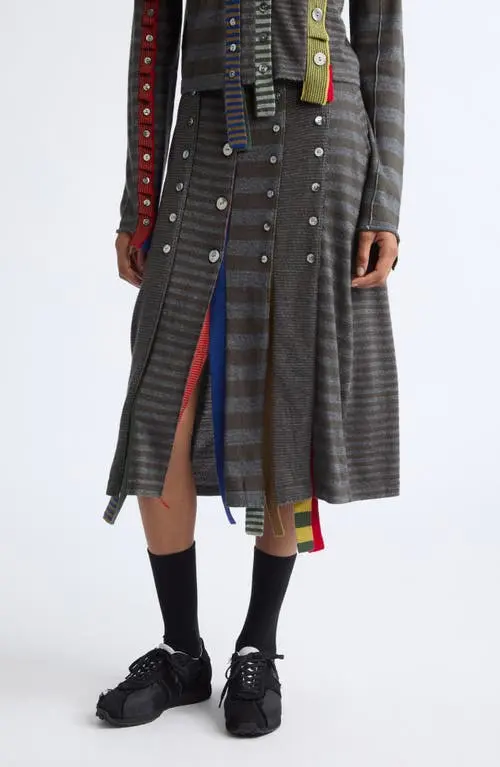 YANYAN Merino Wool Midi Skirt With Mismatched Tones And Mother-of-pearl Buttons - Grey Multi