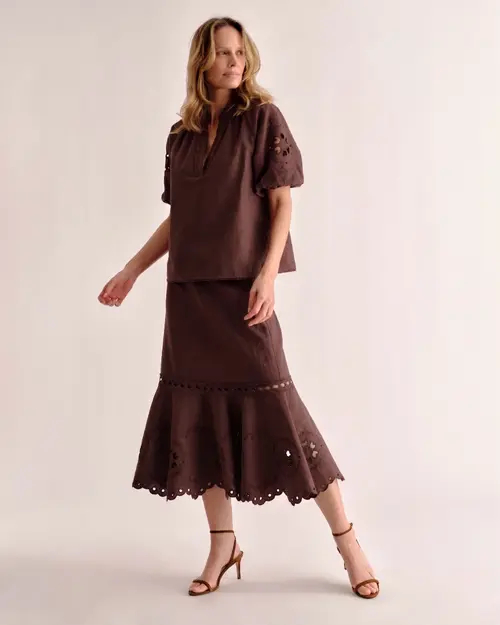 CARTOLINA Marlo Embroidered Linen Midi Skirt - Cacao