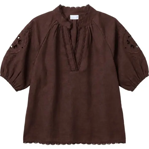 CARTOLINA Catalina Embroidered Linen Top - Cacao
