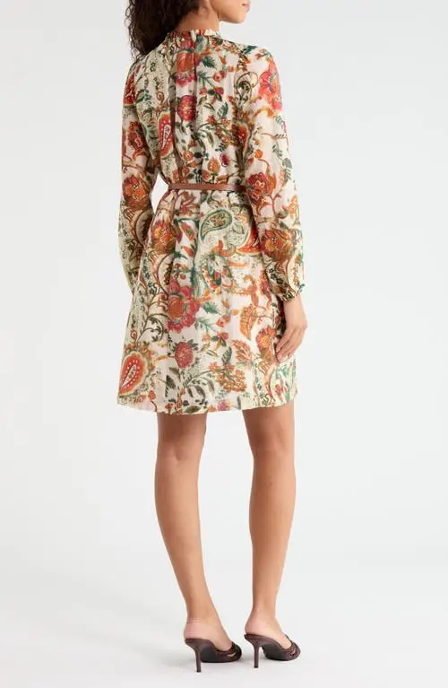 CECE DUPRAZ Long Sleeve Floral Print Dress With Ruffled Neckline And Belted Waist