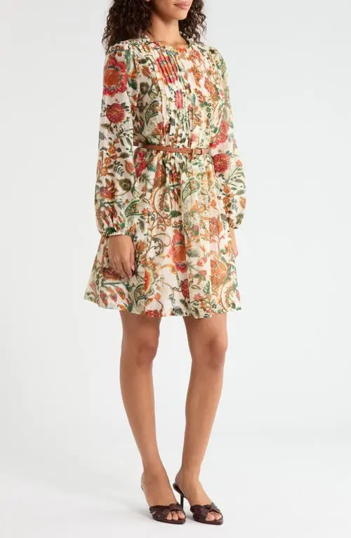 CECE DUPRAZ Long Sleeve Floral Print Dress With Ruffled Neckline And Belted Waist