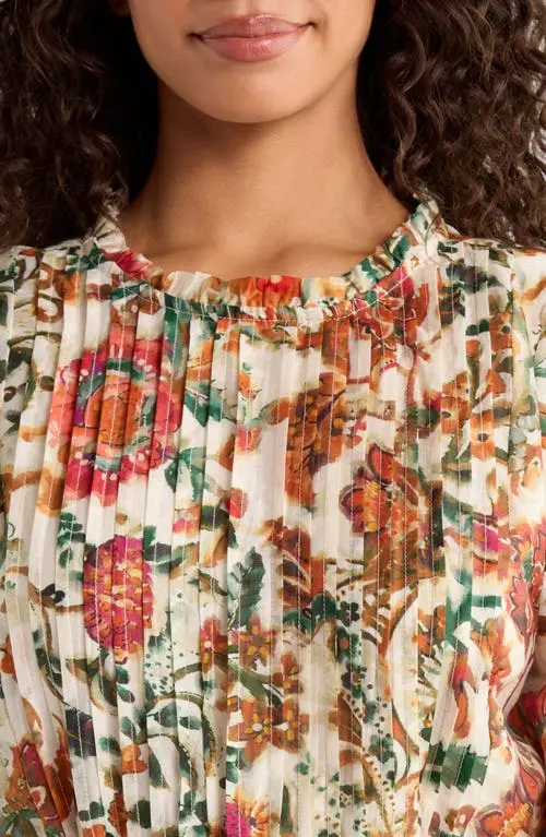 CECE DUPRAZ Long Sleeve Floral Print Dress With Ruffled Neckline And Belted Waist