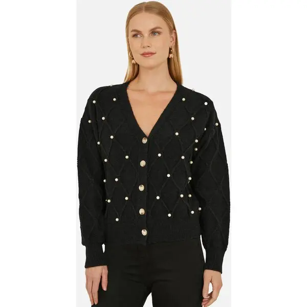 YUMI Beaded Cable Knit Cardigan - Black