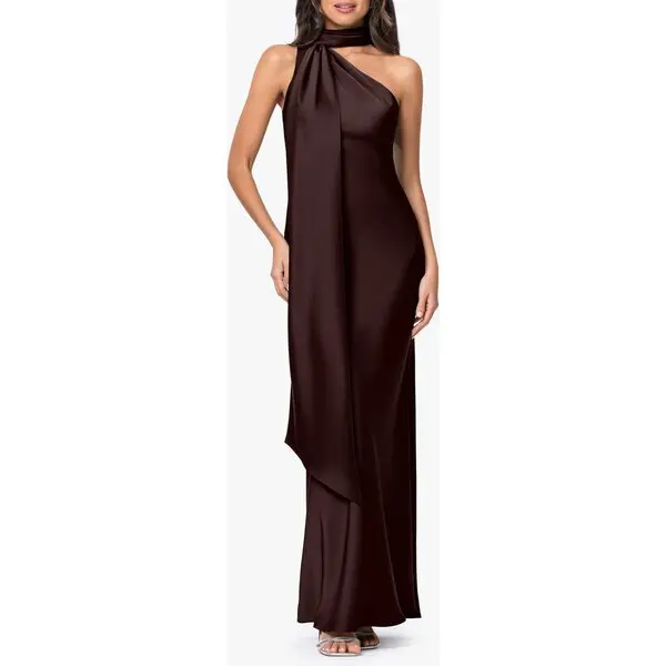 Betsy & Adam Asymmetric Tie Neck Satin Dress