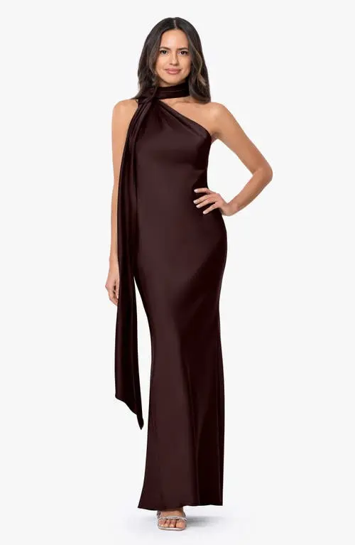 Betsy & Adam Asymmetric Tie Neck Satin Dress