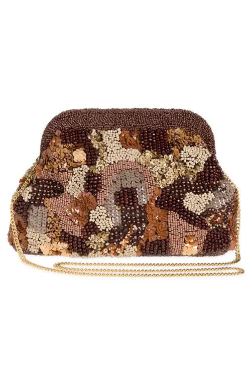 Mango Beaded Clutch With Chain Strap - Chocolate