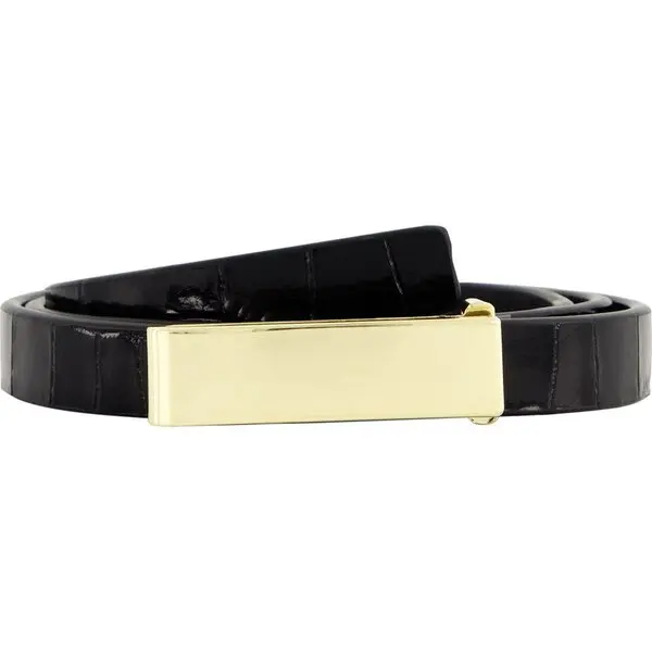 Vince Skinny Croc Embossed Leather Belt - Black