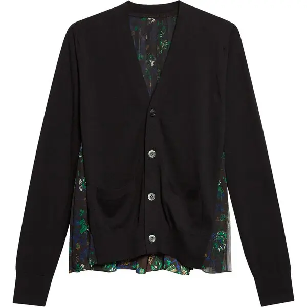 Sacai Floral Print Wool Blend Cardigan - Black/brown Multi