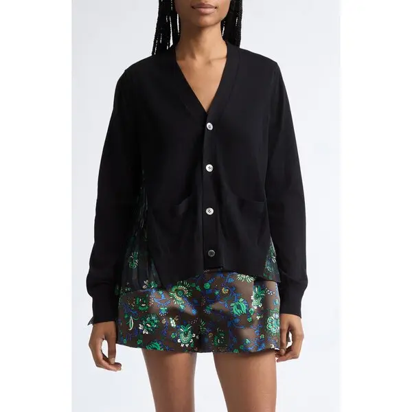 Sacai Floral Print Wool Blend Cardigan - Black/brown Multi