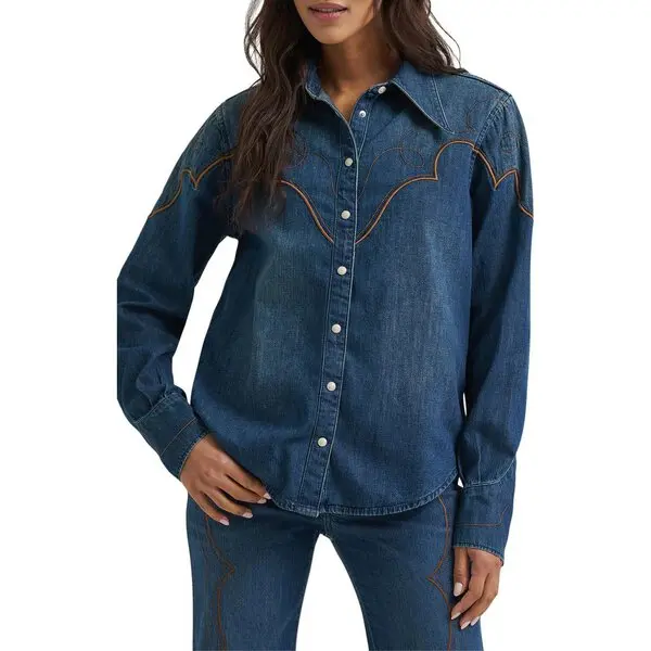 Wrangler Dramatic Collar Western Embroidered Denim Shirt