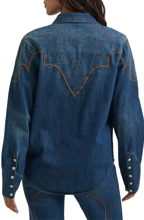 Wrangler Dramatic Collar Western Embroidered Denim Shirt