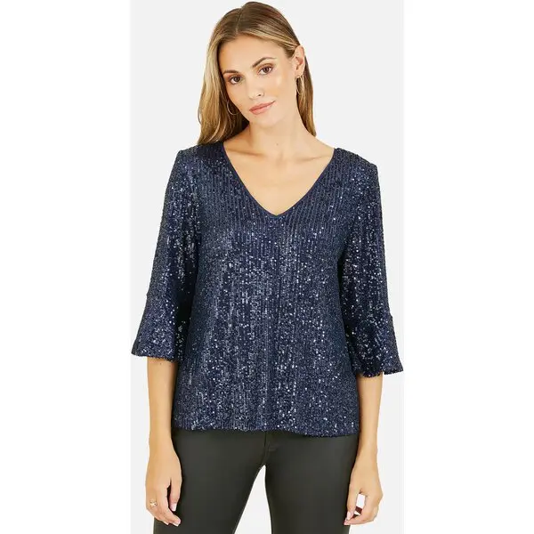 YUMI Sequin Relaxed Fit Top With Fluted Sleeves - Navy