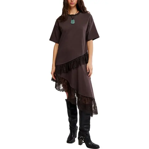 Free People Frosted Lace Layered T-shirt Dress - Deep Fudge