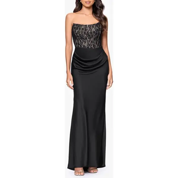 Betsy & Adam Strapless Lace & Satin Gown - Black/nude