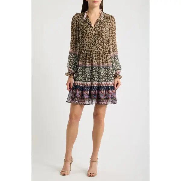 Julia Jordan Mixed Print Long Sleeve Tiered Dress - Brown Multi