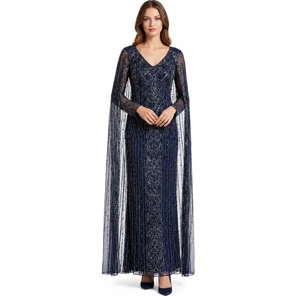 LARA NEW YORK V-neck Linear Beaded Dress With Long Cape - Navy
