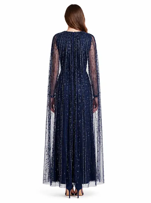 LARA NEW YORK V-neck Linear Beaded Dress With Long Cape