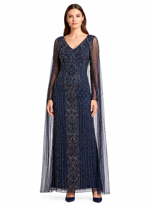 LARA NEW YORK V-neck Linear Beaded Dress With Long Cape