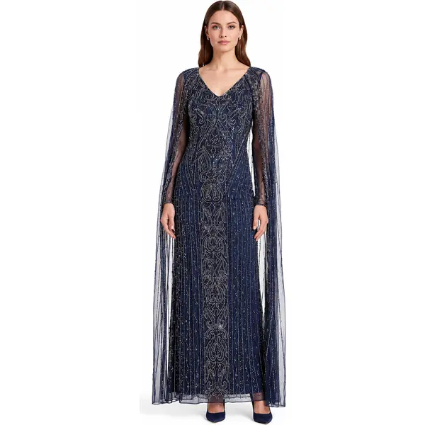 LARA NEW YORK V-neck Linear Beaded Gown With Cape - Navy