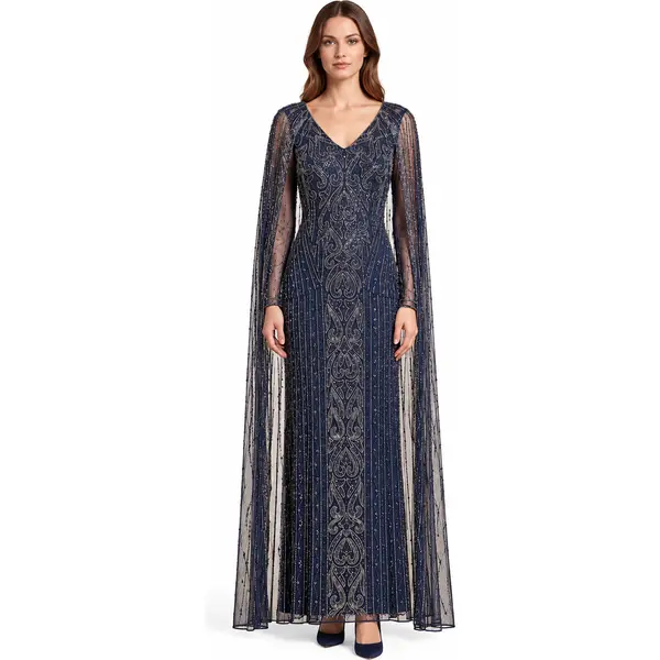 LARA NEW YORK V-neck Linear Beaded Gown With Cape - Navy
