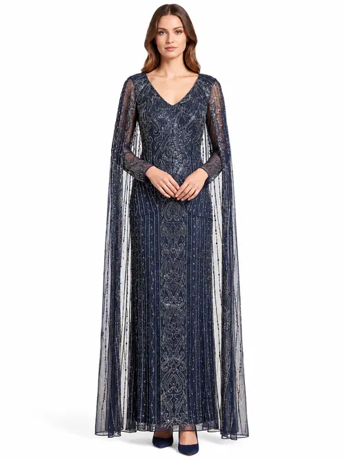 LARA NEW YORK V-neck Linear Beaded Gown With Cape