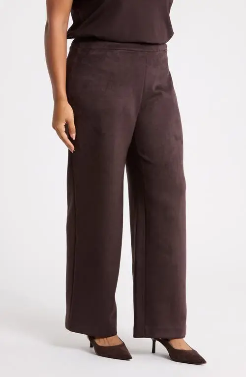 Anne Klein High Waisted Wide Leg Faux Suede Pants - Deep Mahogany