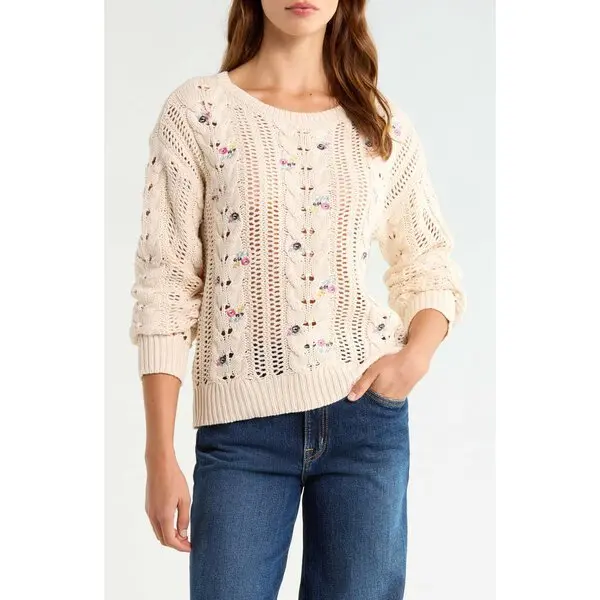 Lucky Brand Floral Embroidered Cotton Blend Sweater