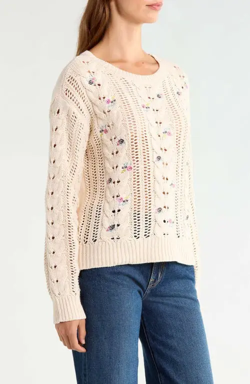 Lucky Brand Floral Embroidered Cotton Blend Sweater