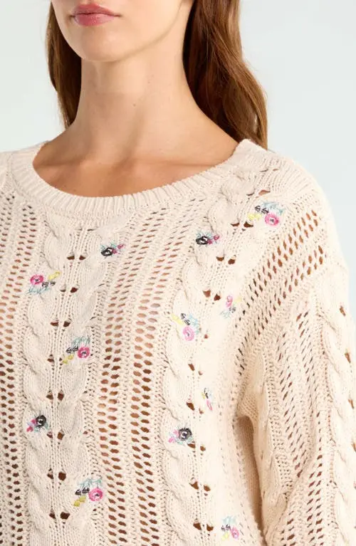 Lucky Brand Floral Embroidered Cotton Blend Sweater