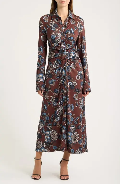 Julia Jordan Floral Long Sleeve Midi Shirtdress - Brown Multi