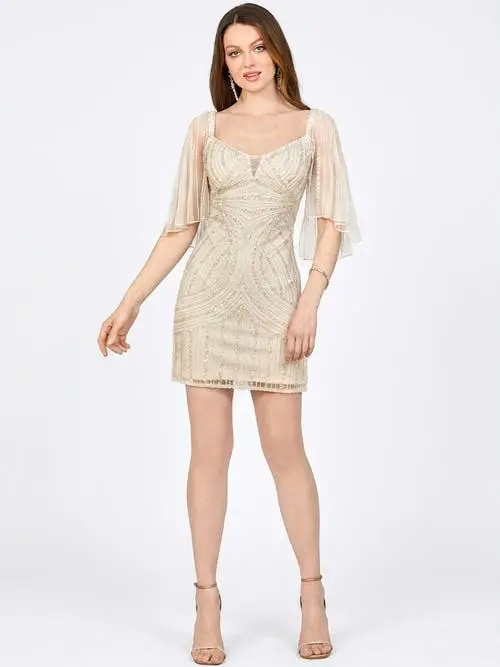 LARA NEW YORK Beaded Faux-wrap V-neck Bridal Gown With Cape Sleeves - Ivory