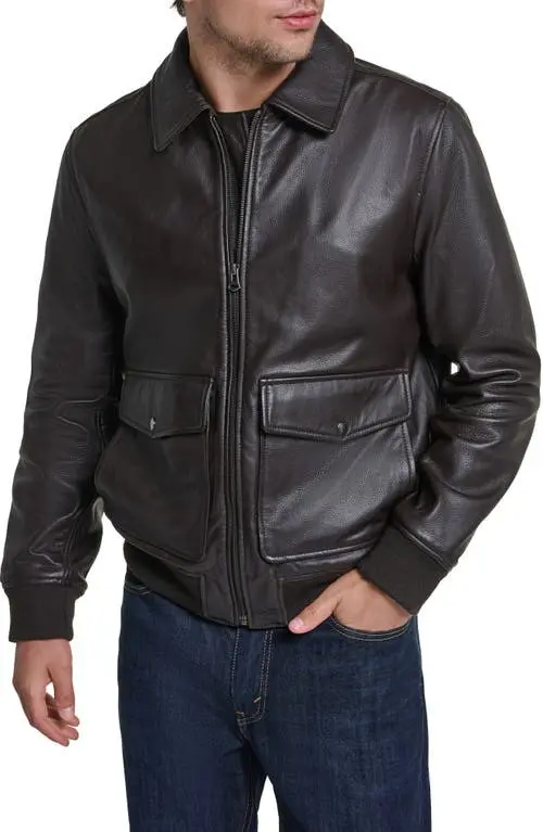 Cole Haan Aviator Leather Jacket - Dark Brown