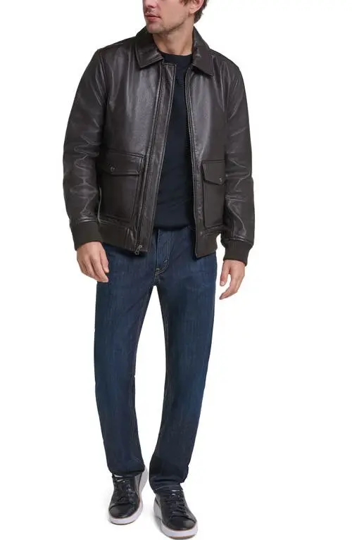 Cole Haan Aviator Leather Jacket - Dark Brown