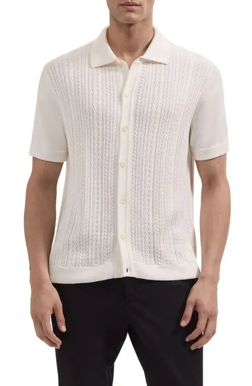 Bugatchi Short Sleeve Cable Knit Button-up Sweater - Chalk