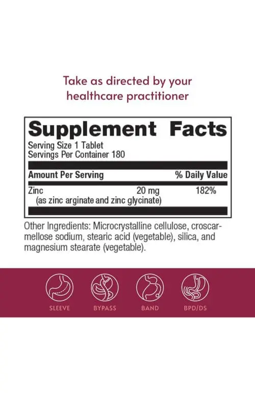 BARIATRIC ADVANTAGE Non Chewable Zinc Chelate Supplement Tablets 20 Mg 180 Count